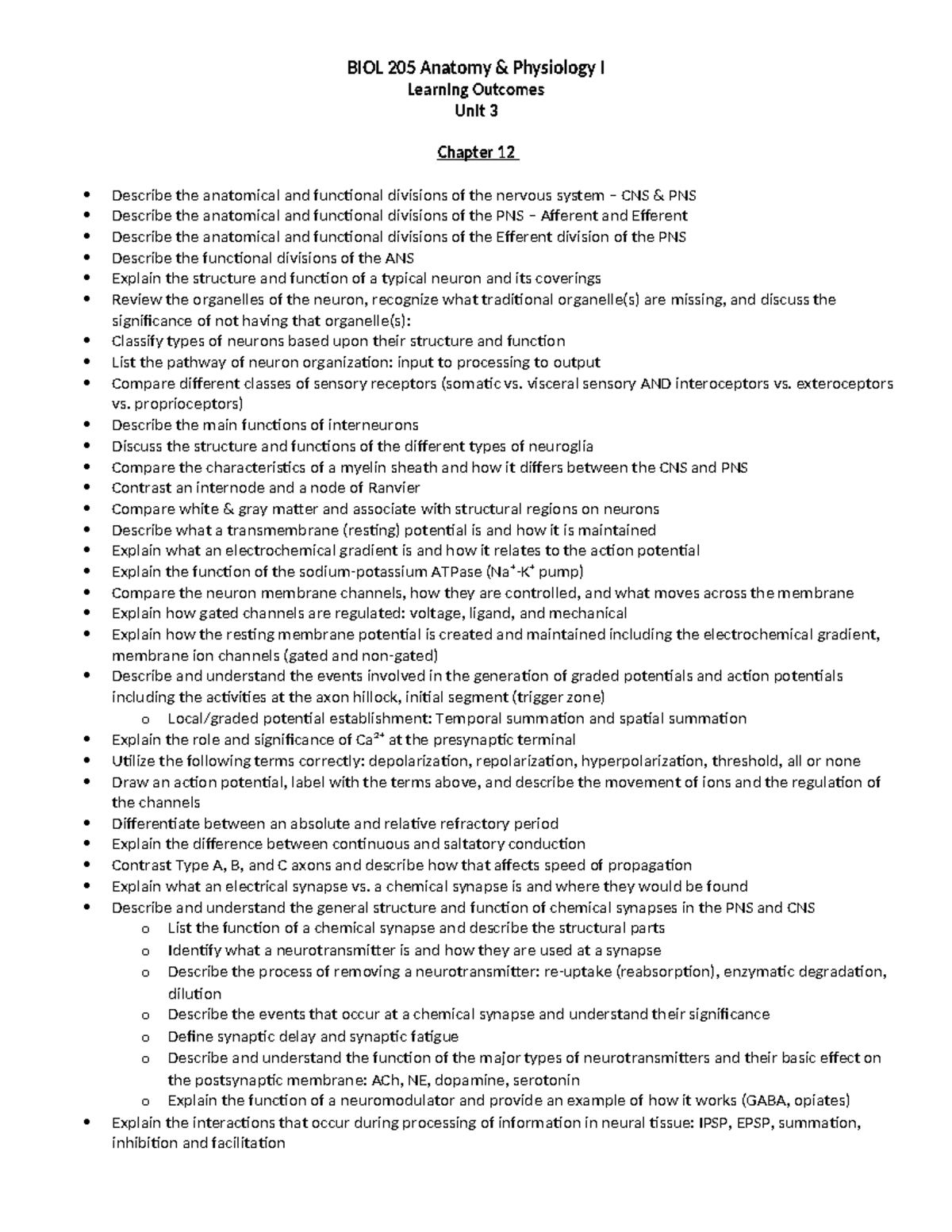 Unit 3 LO BIOL 205 S21 - lecture power point - BIOL 205 Anatomy & Physiology I Learning Outcomes ...