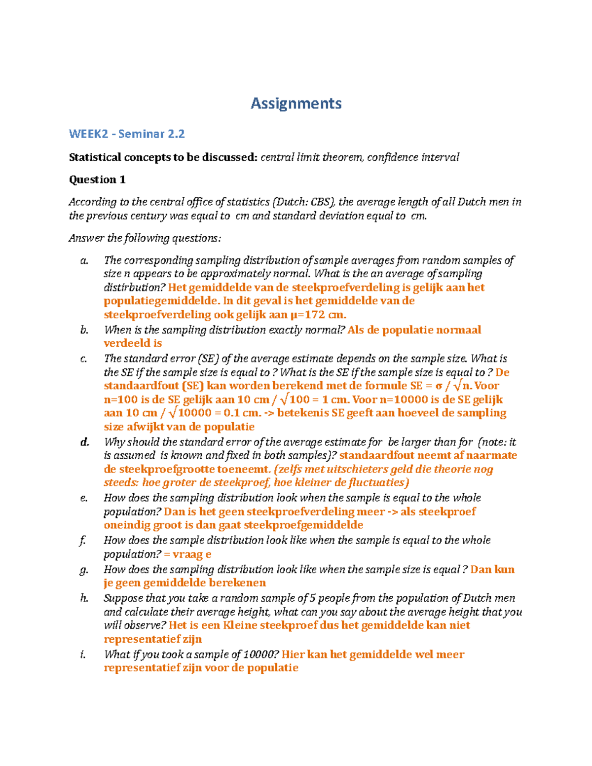 Seminar 2.2 statistiek - Assignments WEEK2 - Seminar 2. Statistical concepts to be discussed ...