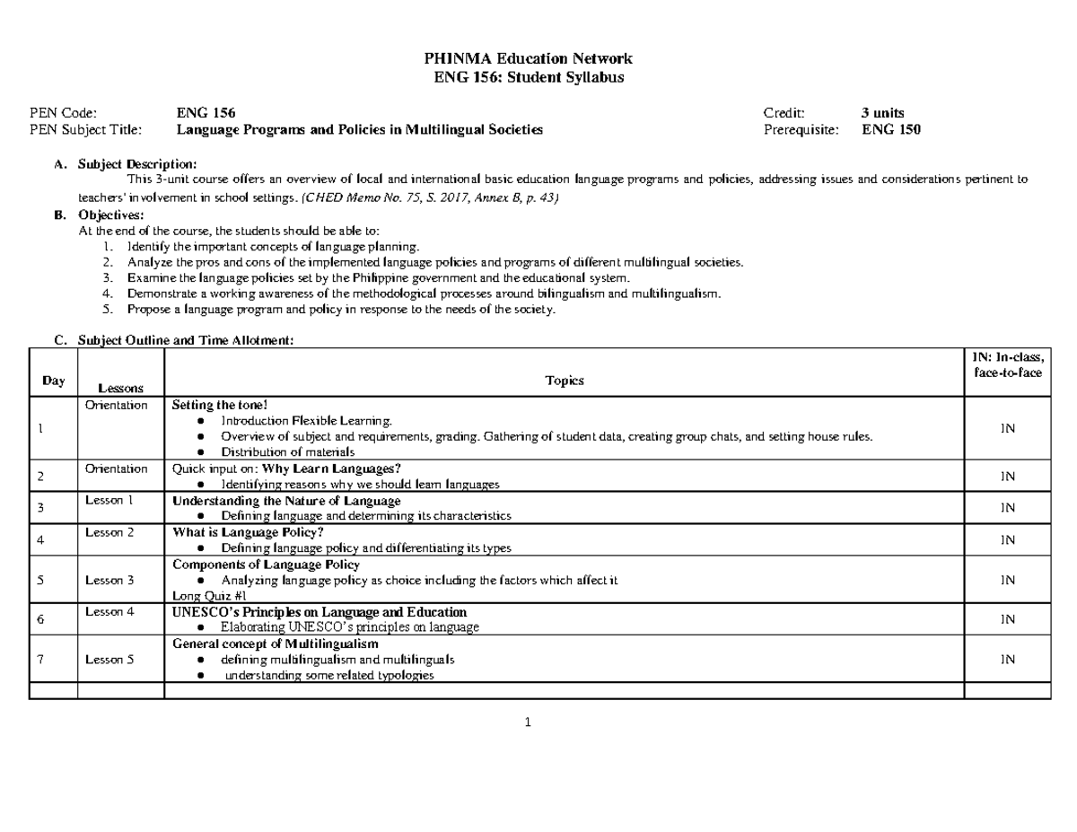 Student Syllabus ENG 156 - 1 PHINMA Education Network ENG 156: Student ...