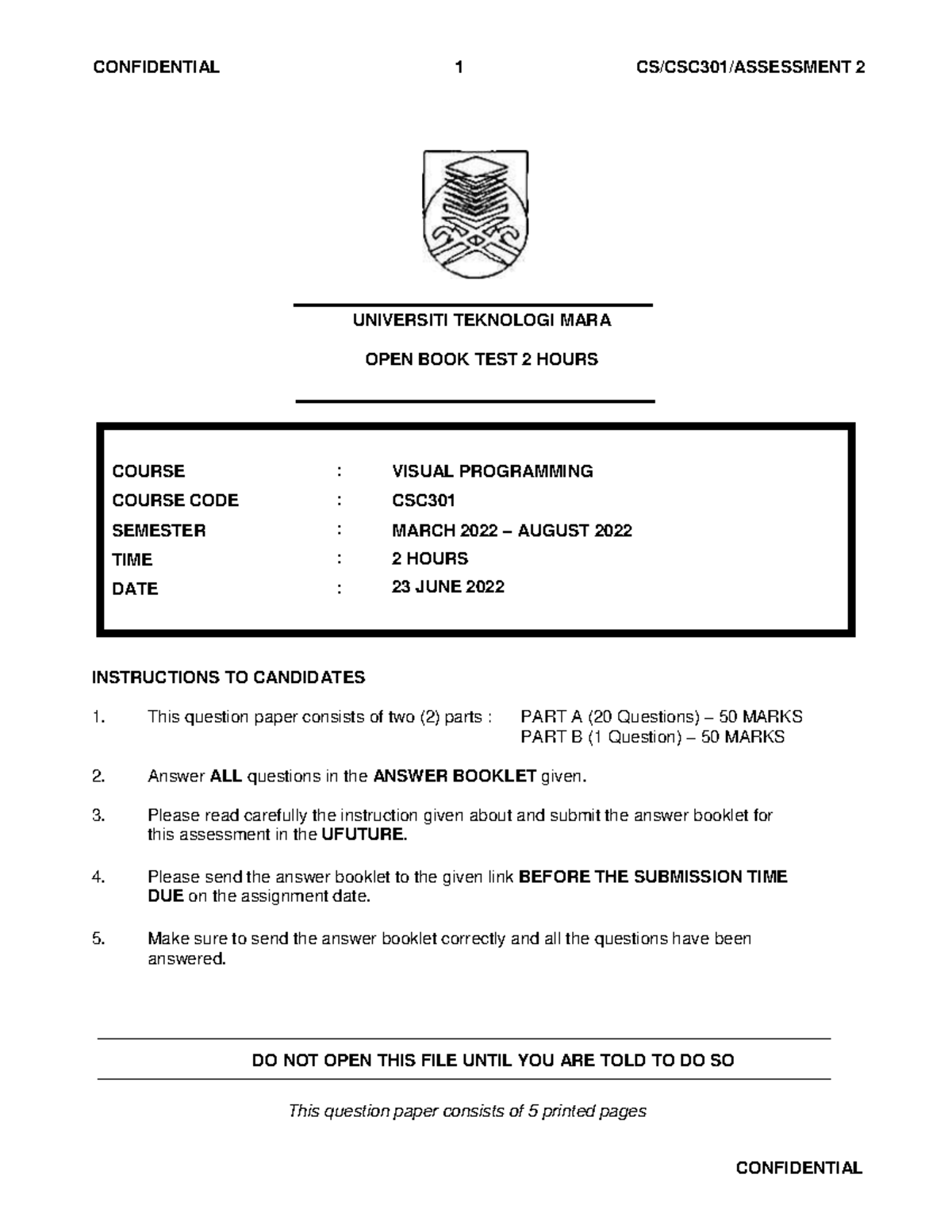 CSC301 - March 22 OPEN BOOK TEST - VISUAL PROGRAMMING CSC MARCH 2022 ...