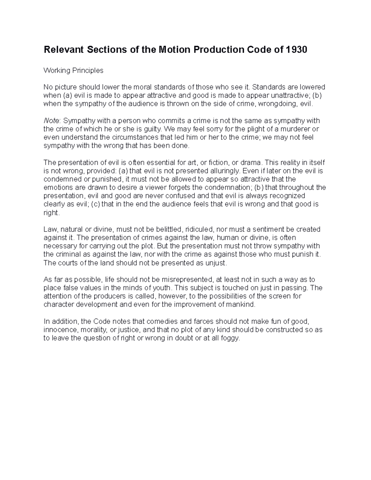 Motion Picture Producdtion Code - Relevant Sections of the Motion ...