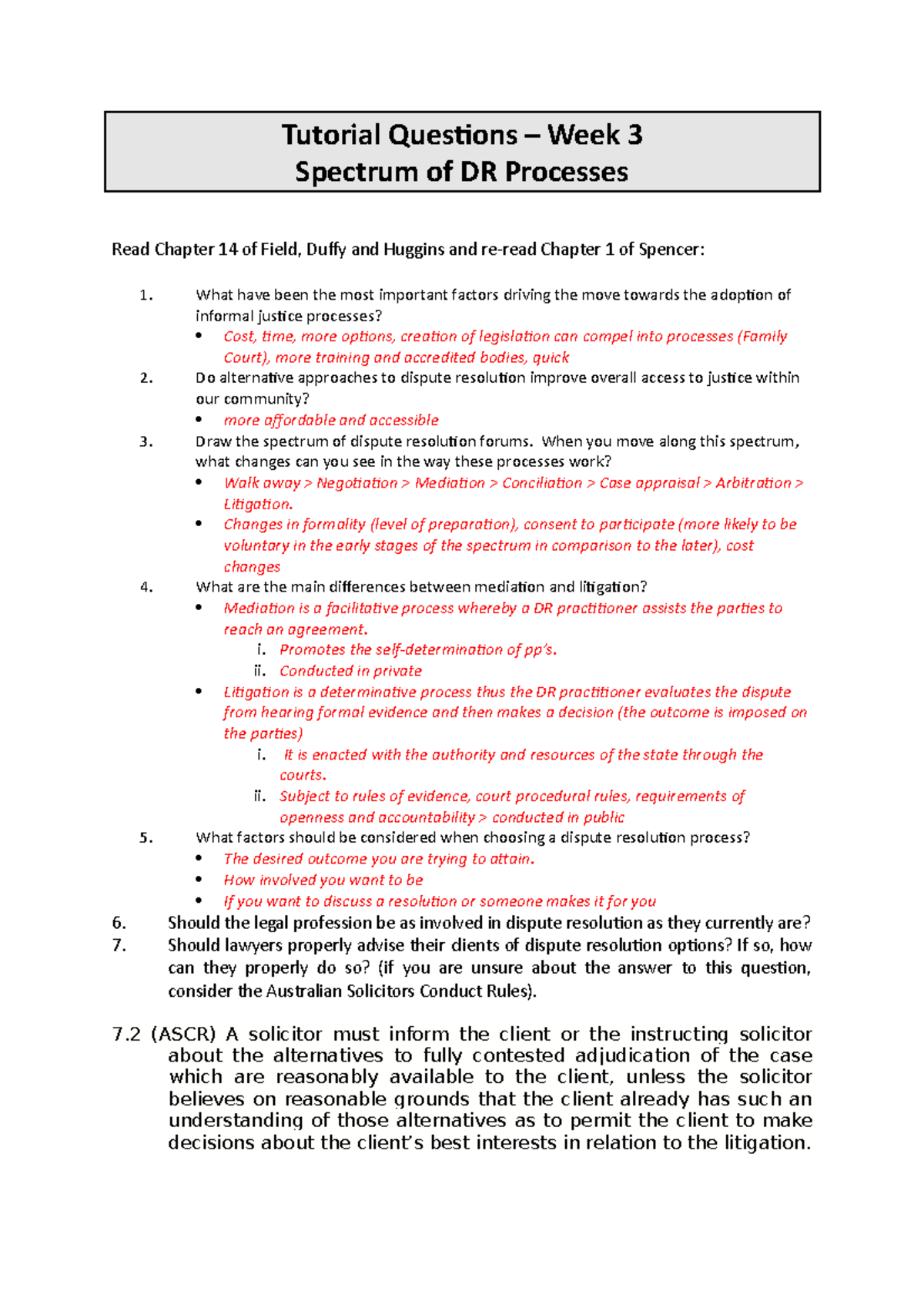 LLB103 Week 3 Tutorial - 103 - Tutorial Questions – Week 3 Spectrum of DR Processes Read Chapter ...
