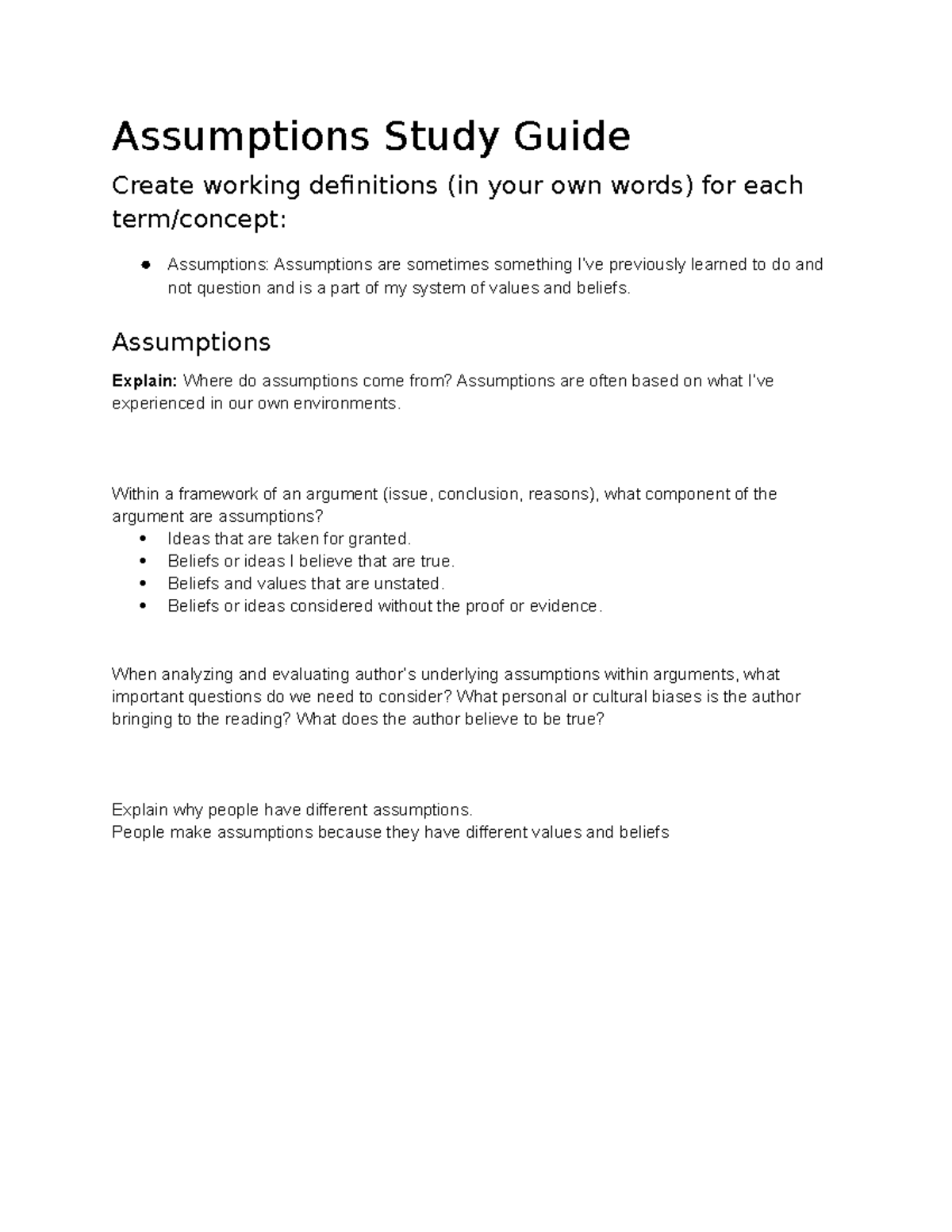 Assumptions Study Guide - Assumptions Study Guide Create working ...