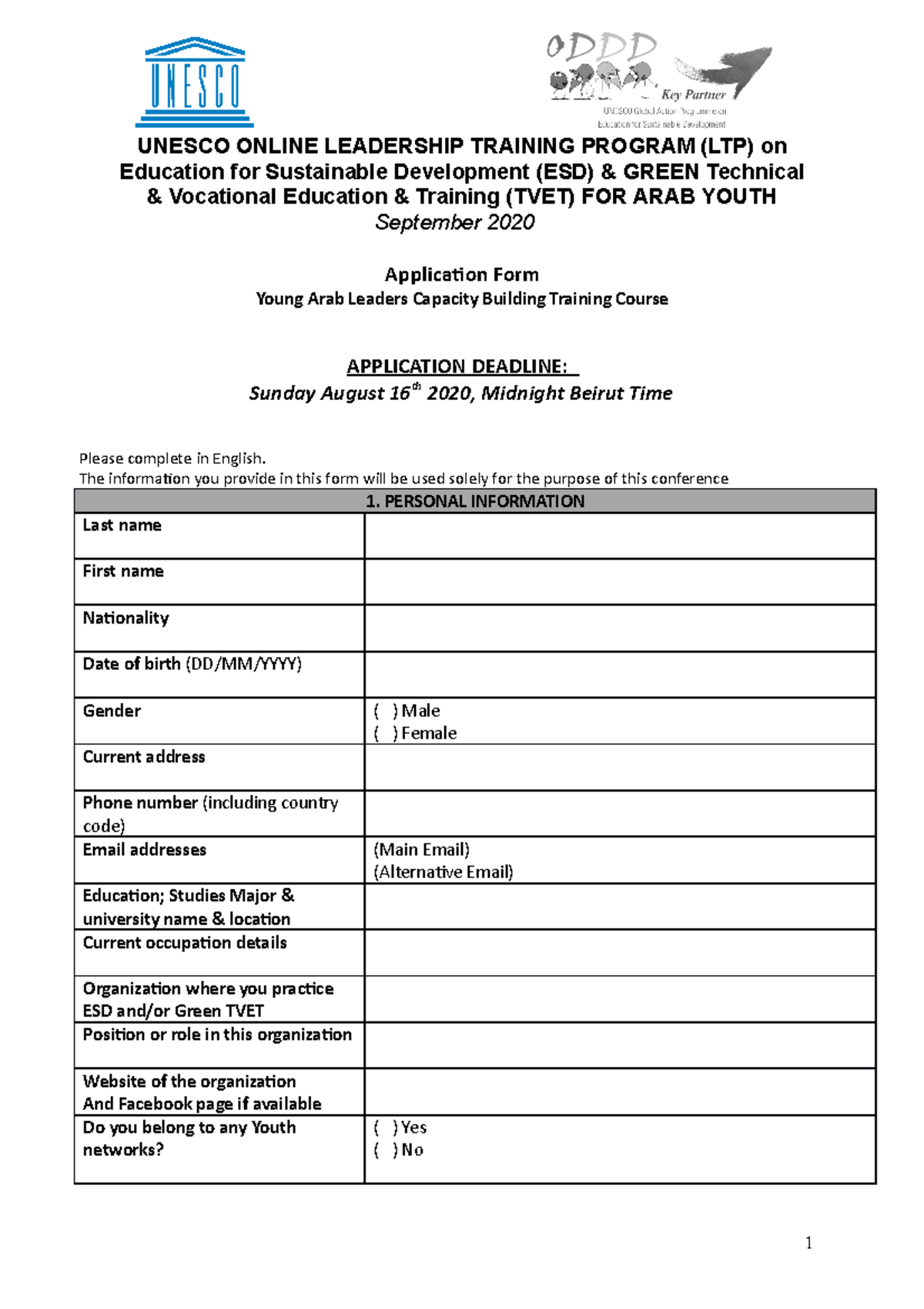Unesco LTP ESD Green TVET Application FORM - UNESCO ONLINE LEADERSHIP ...