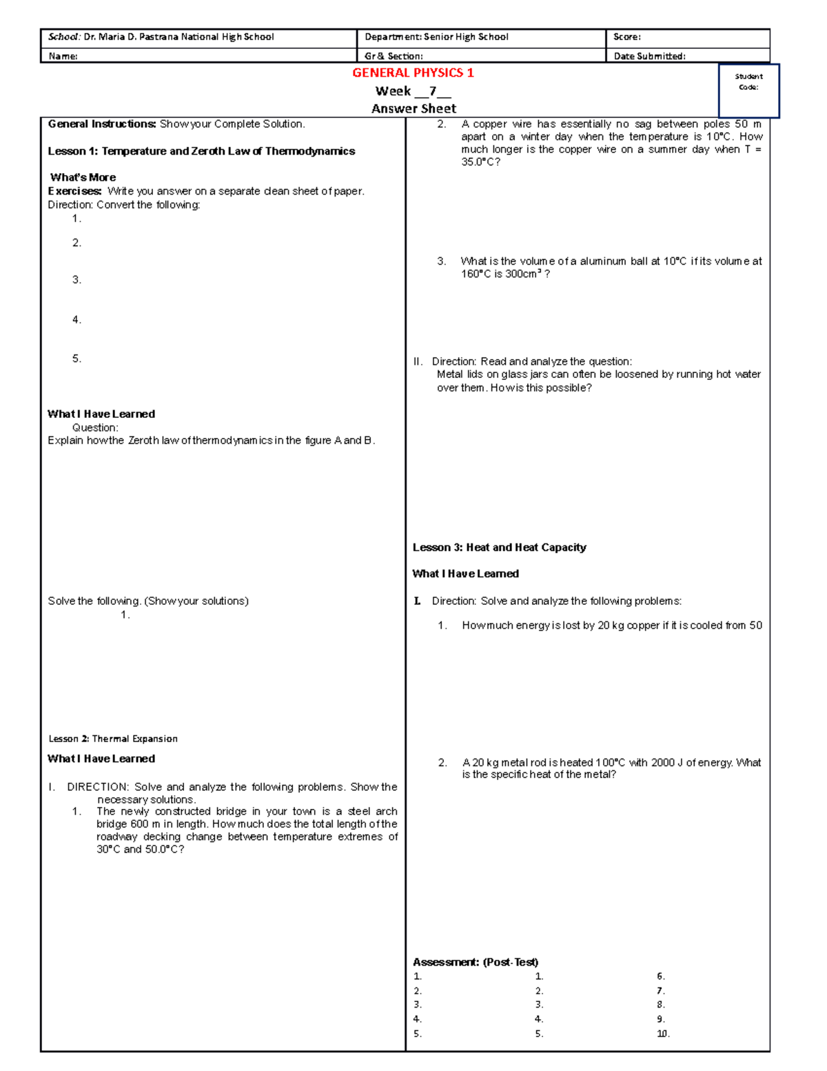 General Physics 1 Answer Sheet M6 week 7 - School: Dr. Maria D ...