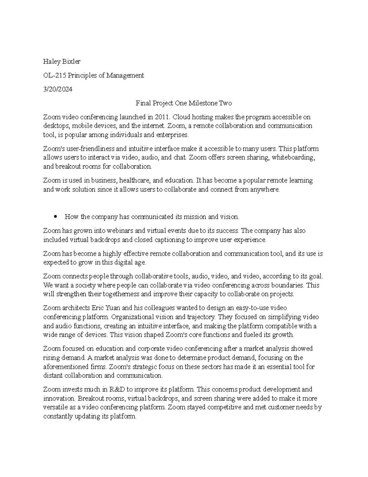 Project one milestone 2 - Haley Bixler OL-215 Principles of Management ...