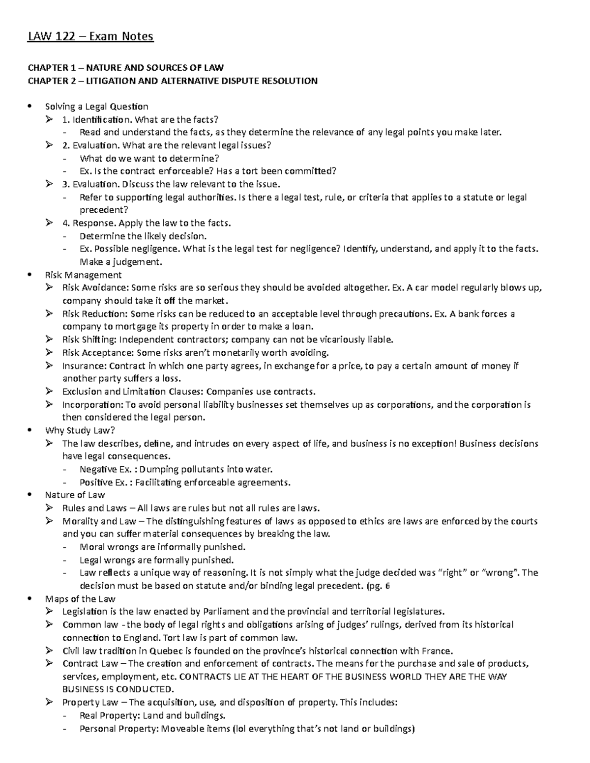 LAW 122 EXAM Notes - LAW 122 – Exam Notes CHAPTER 1 – NATURE AND ...