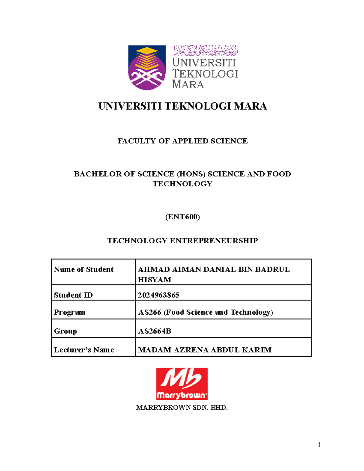 ENT600 CASE Study - UNIVERSITI TEKNOLOGI MARA FACULTY OF APPLIED ...