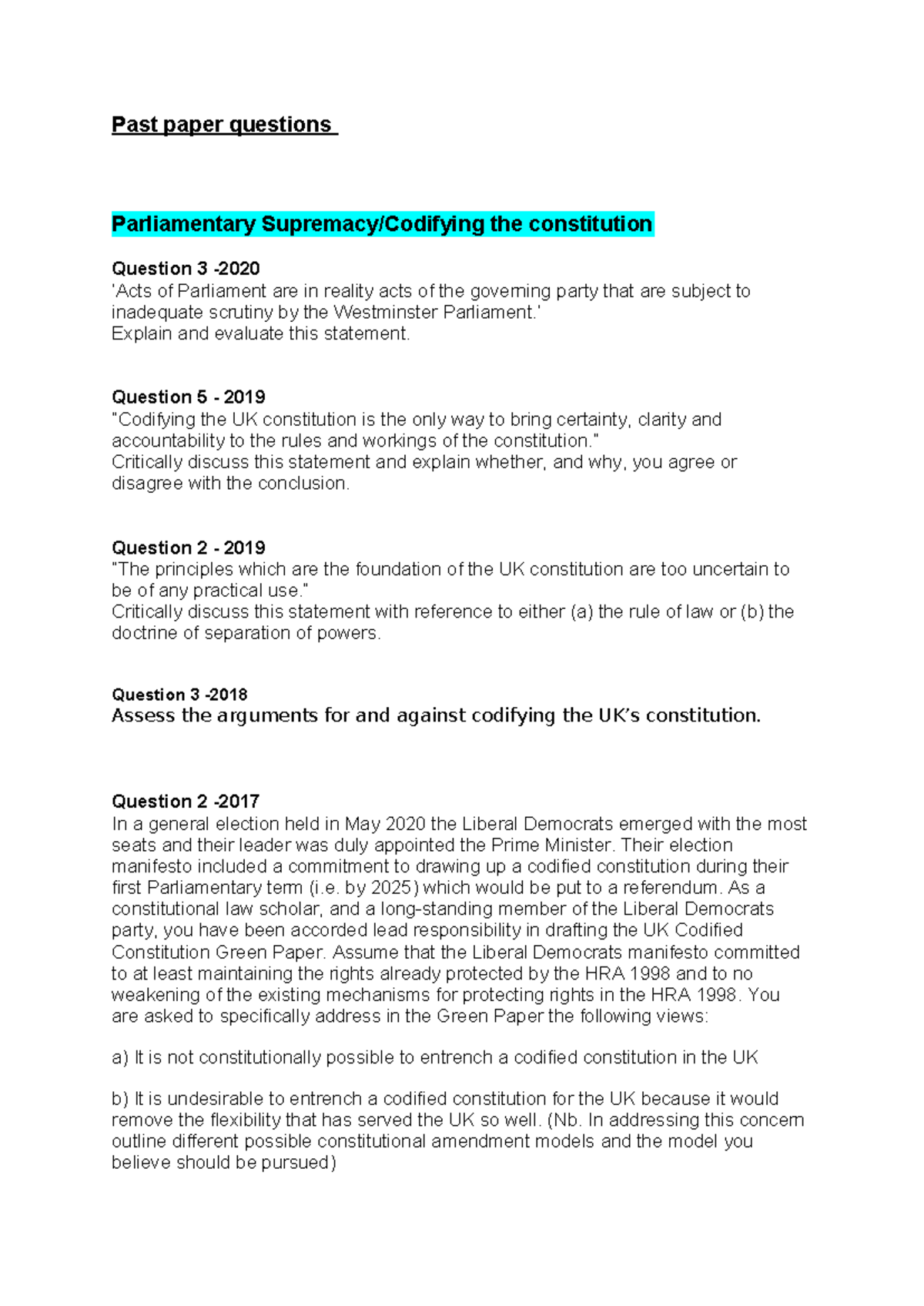Past paper questions - notes - Past paper questions Parliamentary ...