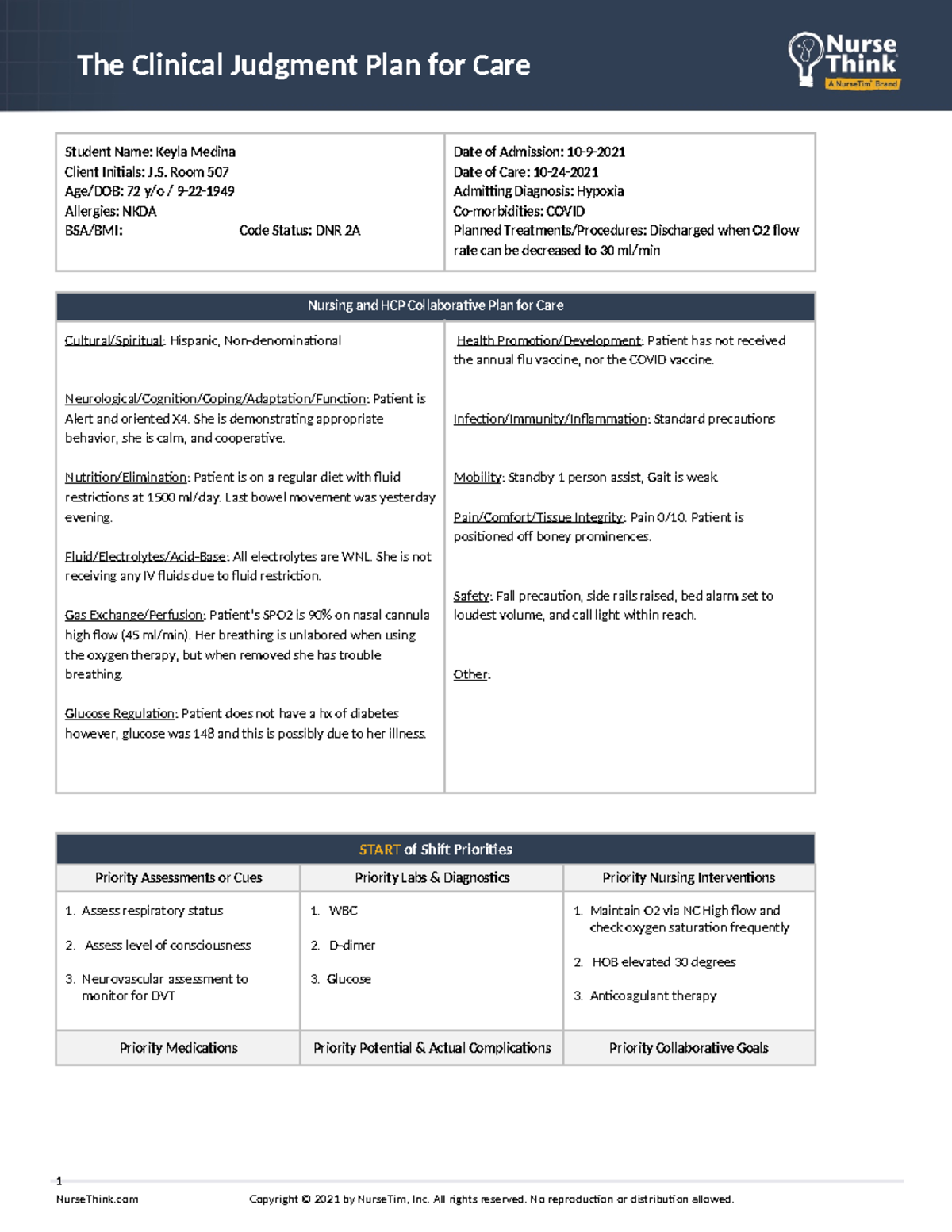 Care Plan 3 AH3 - CARE PLAN - Student Name: Keyla Medina Client ...