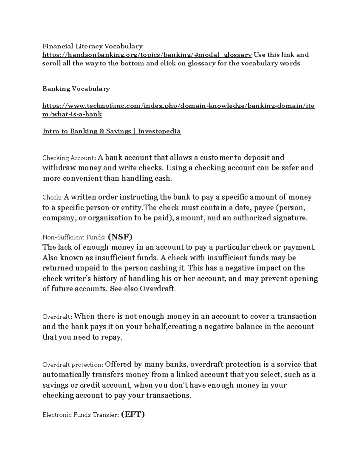 Copy of Financial Literacy Vocabulary - Financial Literacy Vocabulary ...