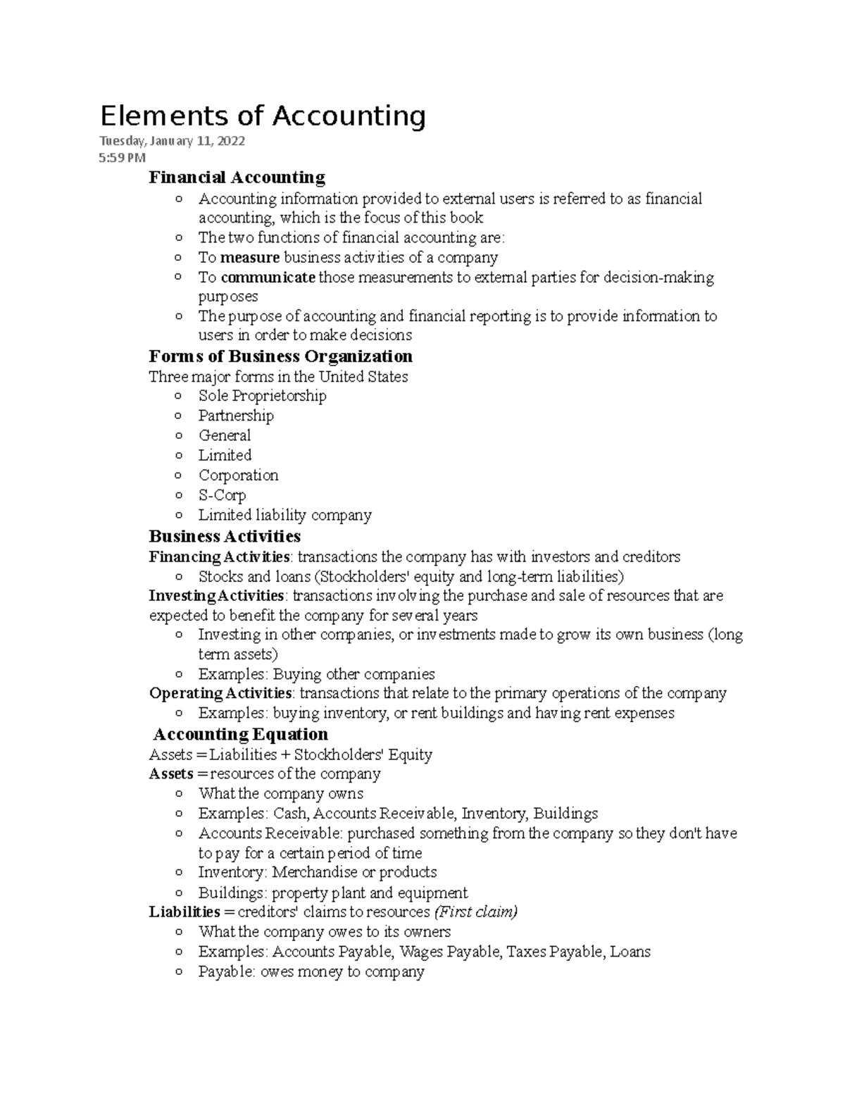 Elements of Accounting Chapter 1 - Elements of Accounting Tuesday ...