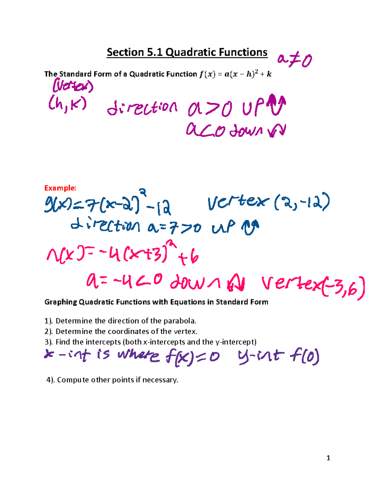 Unit 3 Notes - Section 5 Quadratic Functions The Standard Form of a ...