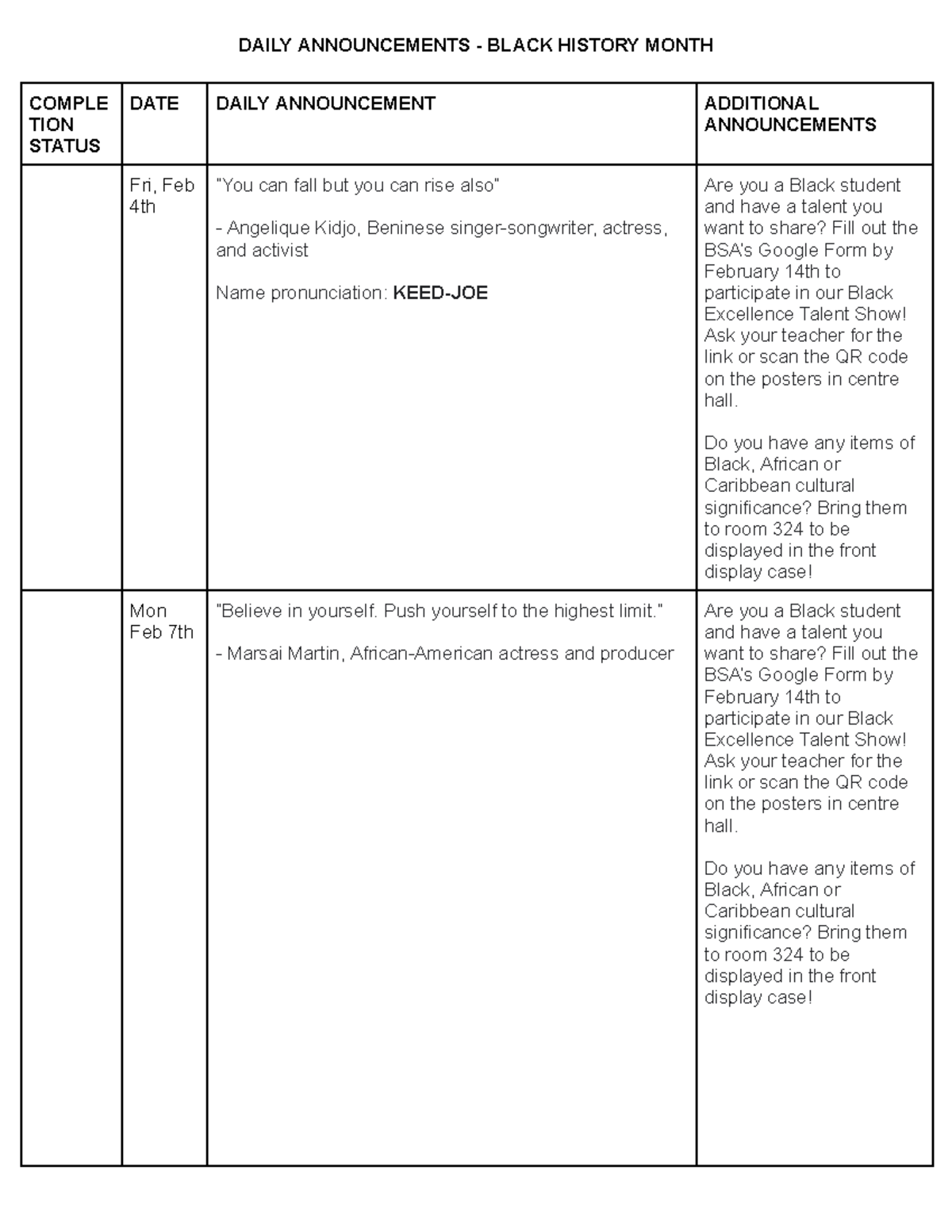 BHM Daily Morning Announcements - DAILY ANNOUNCEMENTS - BLACK HISTORY ...