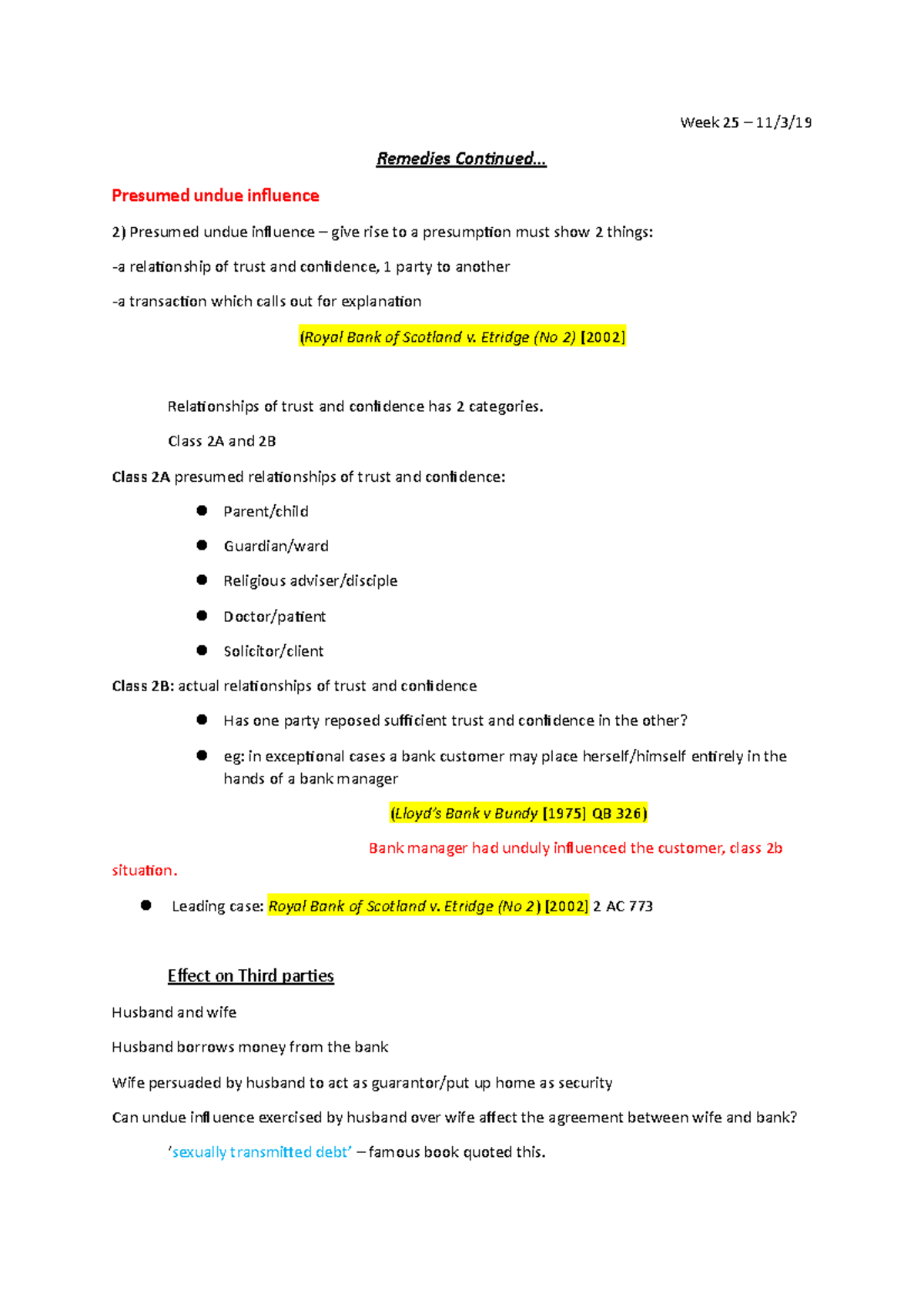 Undue Influence - Week 25 – 11/3/ Remedies Continued... Presumed undue ...