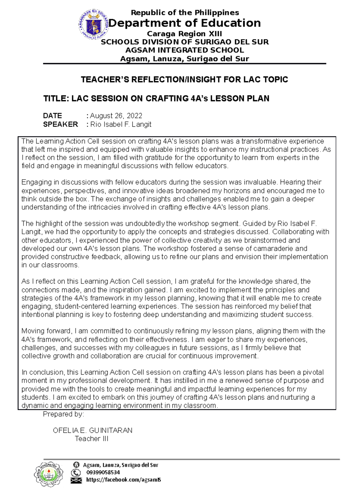 Reflection on 4as lesson plan - Department of Education Caraga Region ...