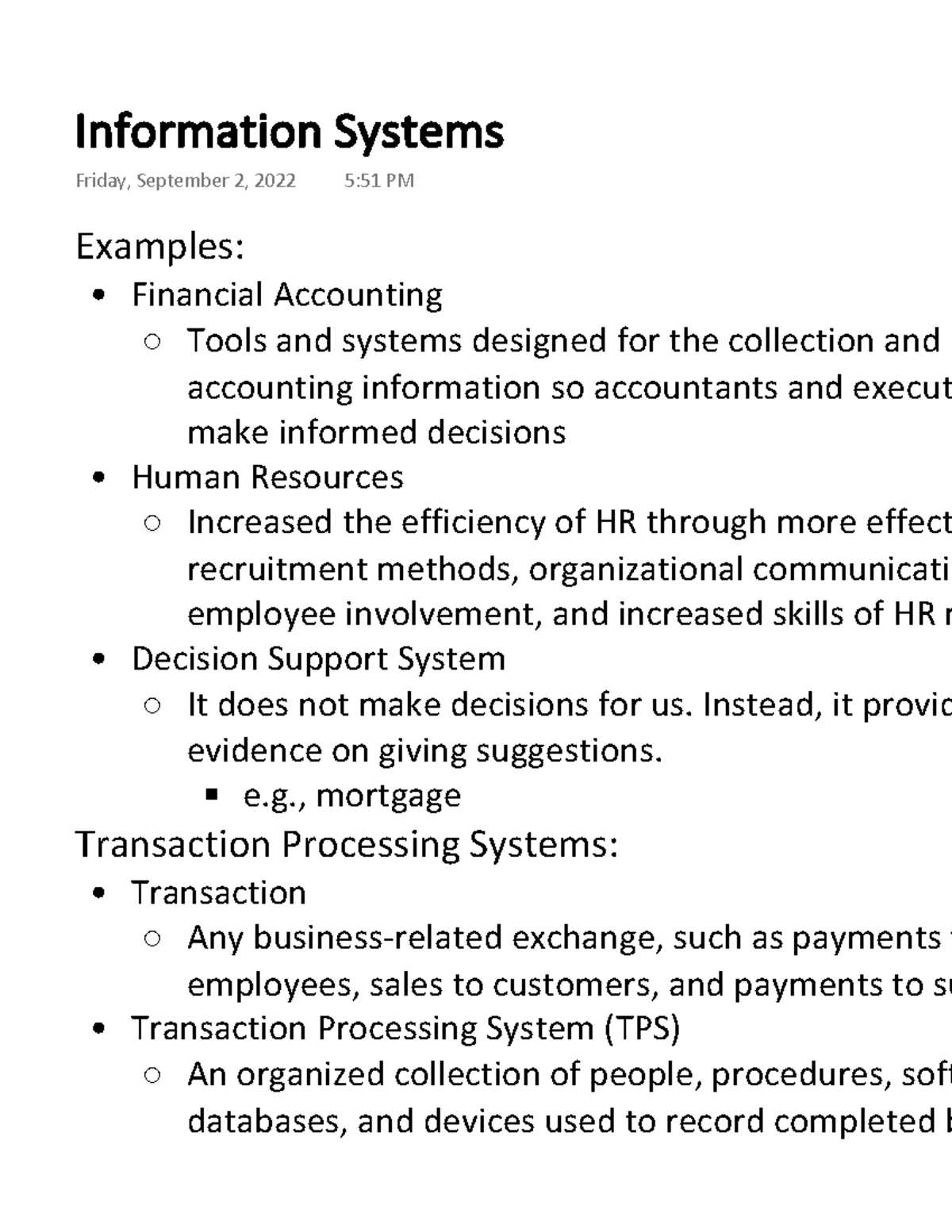 Information Systems - notes - Examples: Financial Accounting Tools and ...