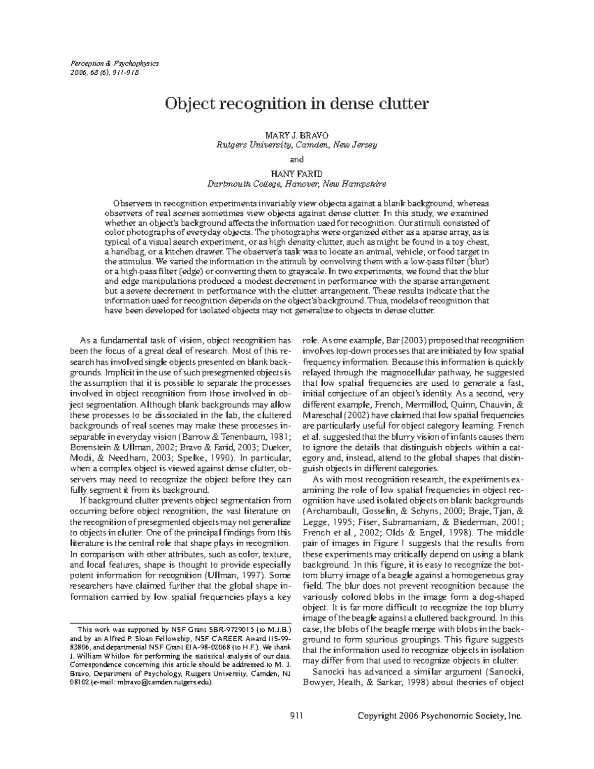 Object Recognition In Dense Clutter As A Fundamental Task Of Vision Object Recognition Has