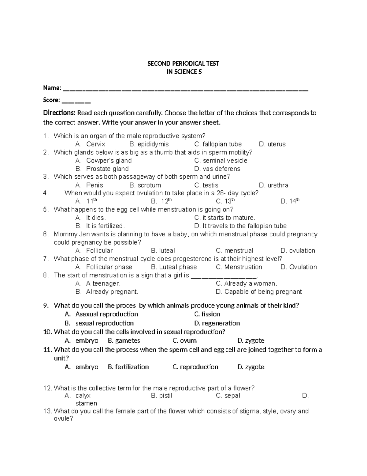 Document - Hhhhb - SECOND PERIODICAL TEST IN SCIENCE 5 Name: - Studocu