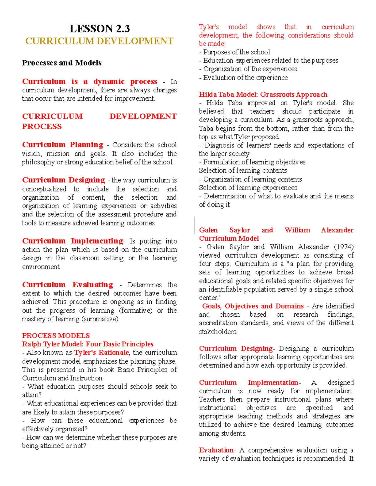 Reviewer PROF ED 8 - LESSON 2. CURRICULUM DEVELOPMENT Processes and Models Curriculum is a ...