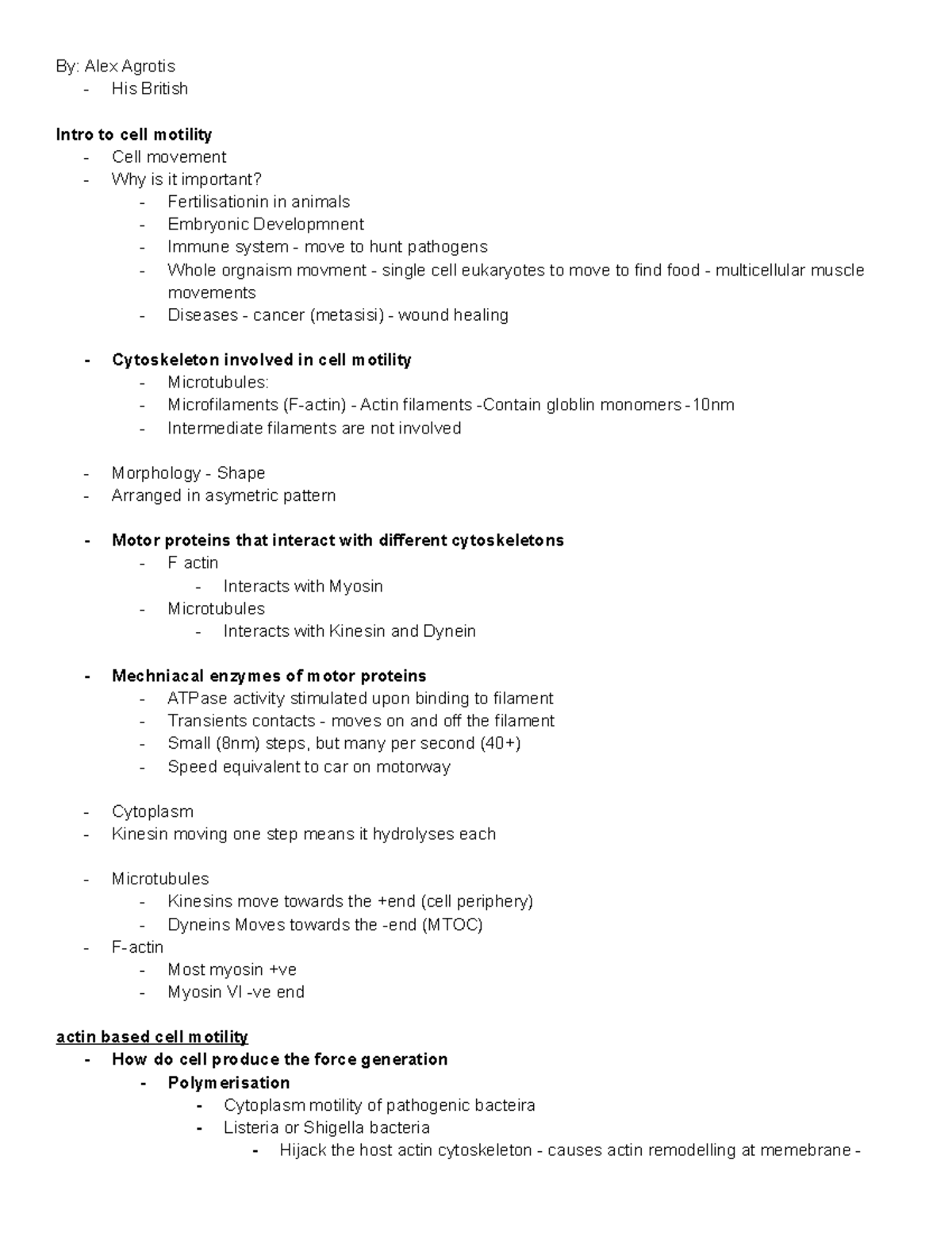 Week 2 Cell Motility - Notes - By: Alex Agrotis - His British Intro to ...