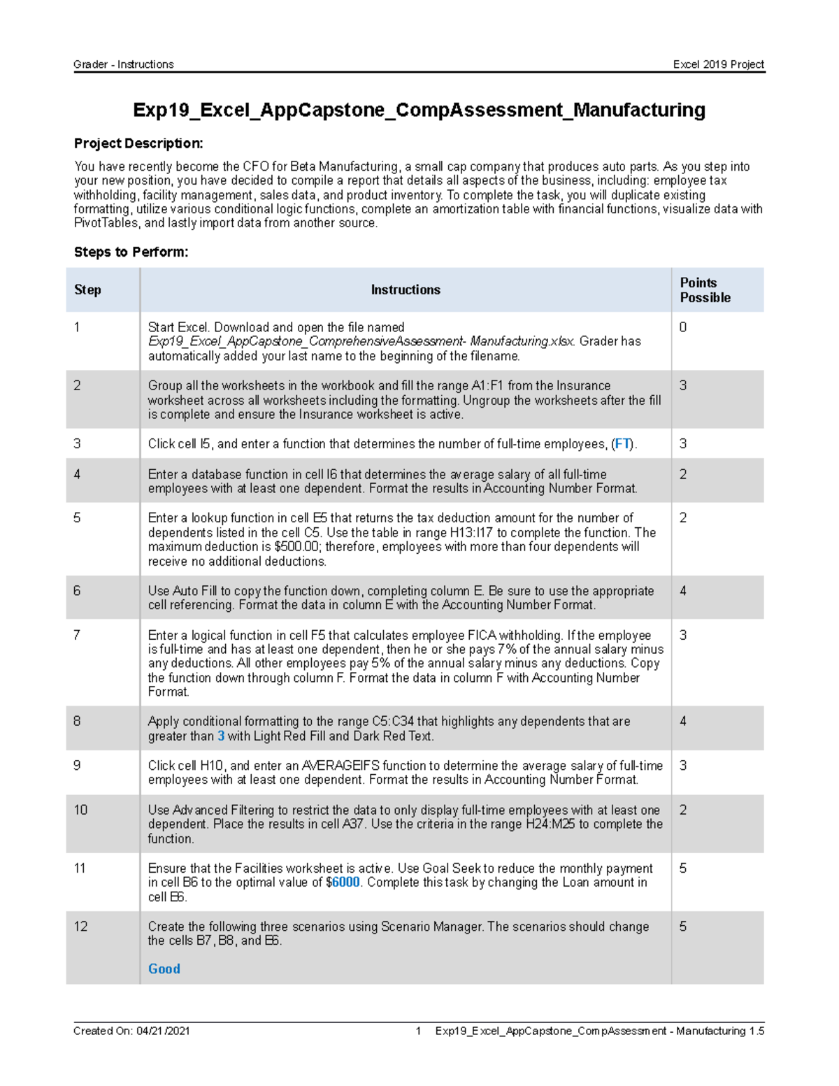 Exp19 Excel App Capstone Comp Assessment Manufacturing Instructions - CP102 - WLU - Studocu