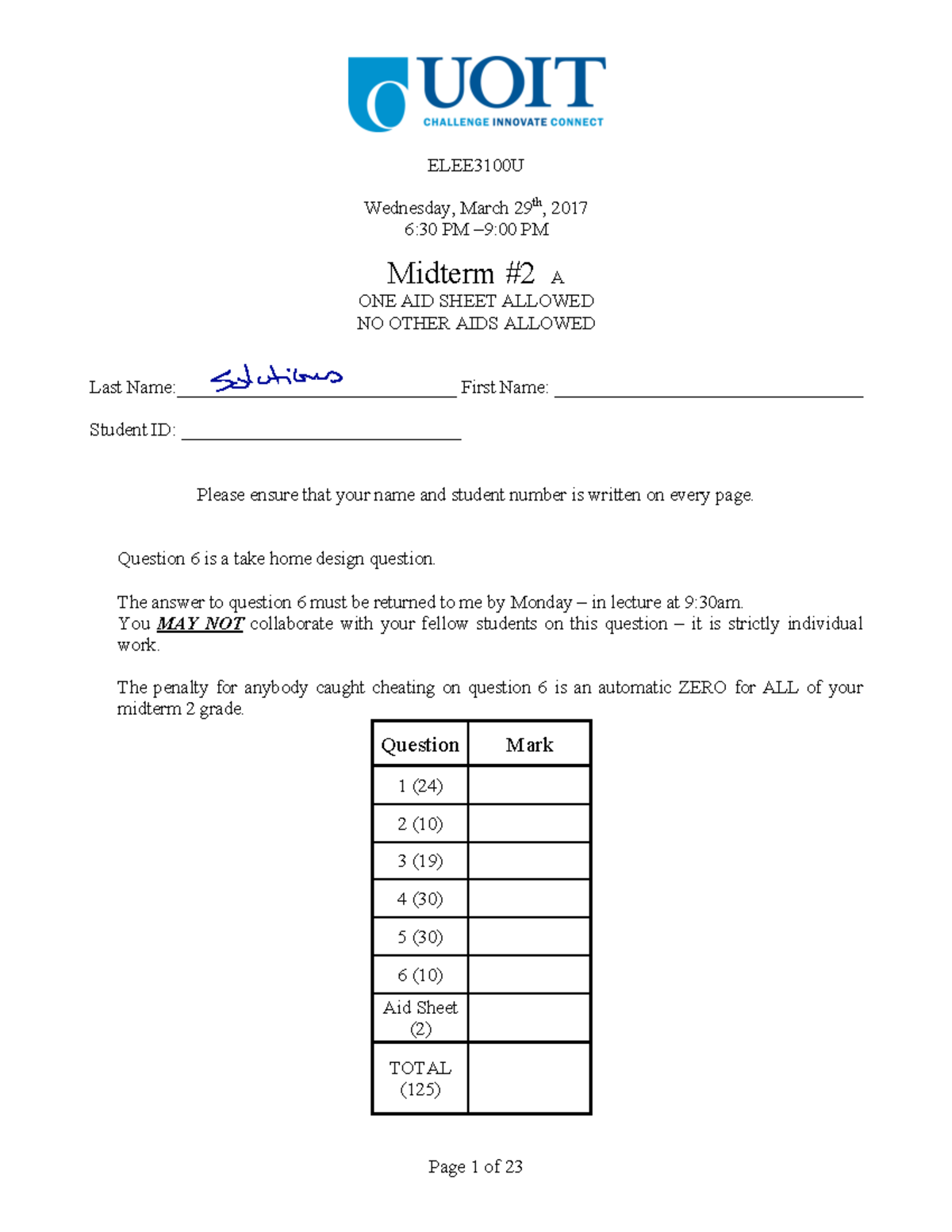 2017-03-29 - ELEE3100 - Midterm 2 - solutions - ELEE3100U Wednesday, March 29 th , 2017 6:30 PM ...
