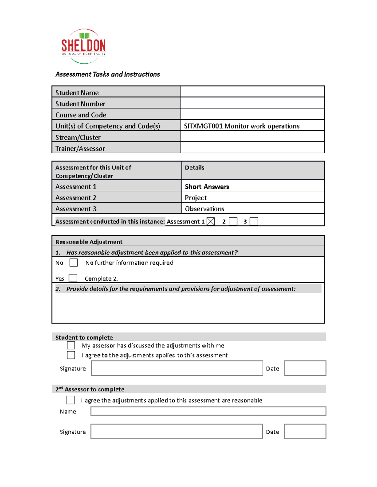 Sitxmgt 001 Assessment 1-Short Answer - Assessment Tasks and ...