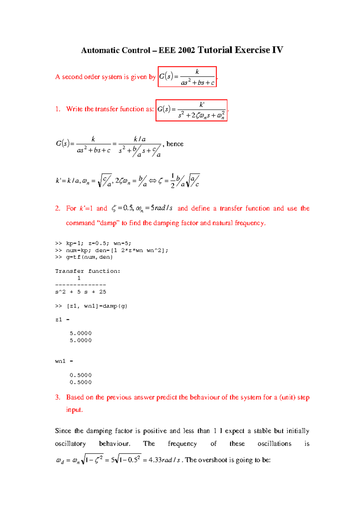 Solution of Tutorial 4 - Automatic Control – EEE 2002 Tutorial Exercise IV A second order system ...