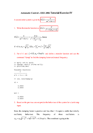 Tutorial 4 - Automatic Control – EEE 2002 Tutorial Exercise IV A second order system is given by ...