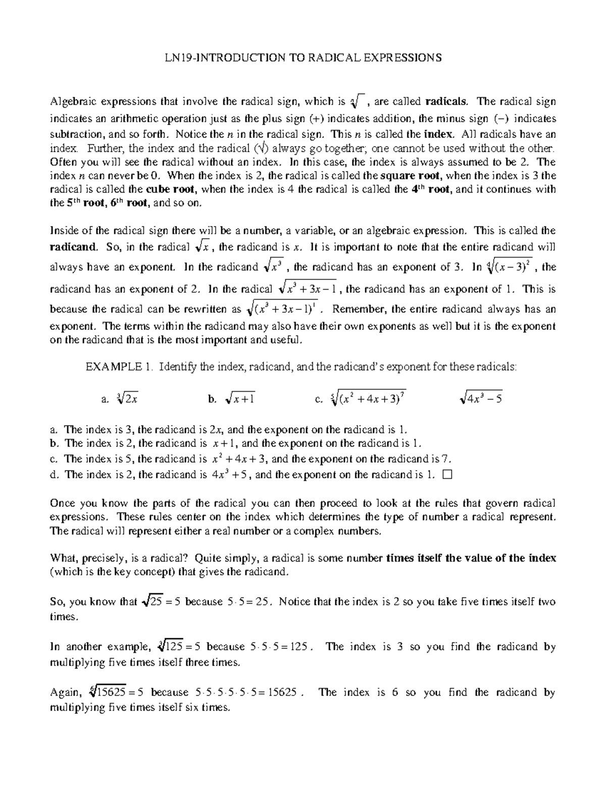 LN19- Introduction to Radical Expressions - LN19-INTRODUCTION TO ...