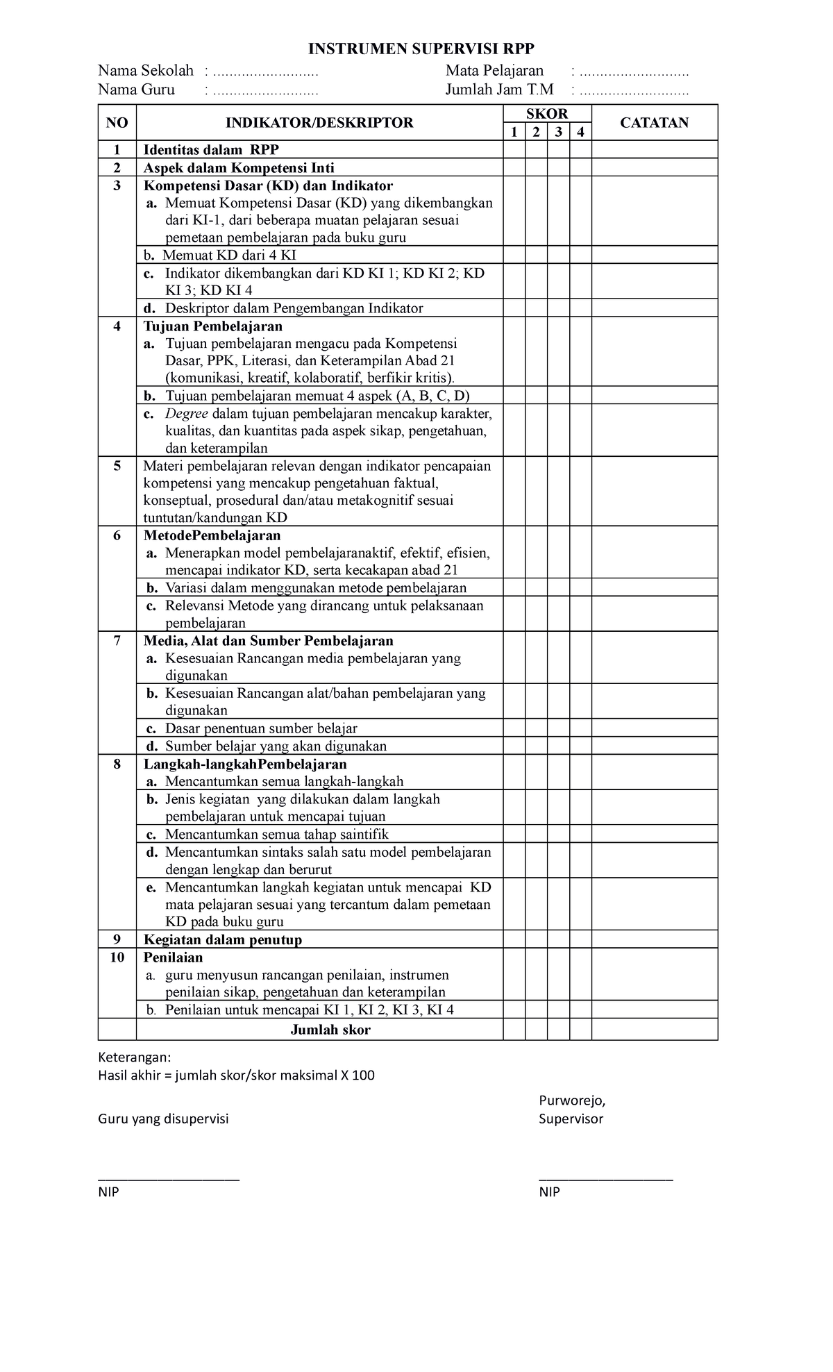 1. Instrumen Supervisi RPP - INSTRUMEN SUPERVISI RPP Nama Sekolah