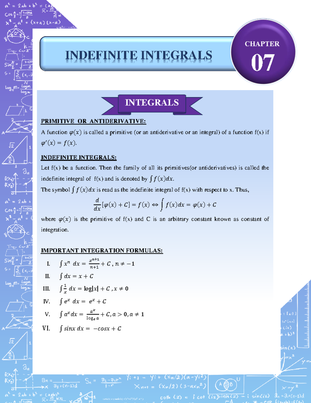 Chapter 7 Indefinite Integrals - CHAPTER 07 INDEFINITE INTEGRALS ...