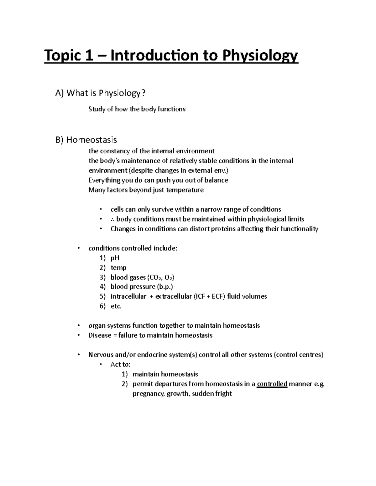 Topic 1 - Intro to Physiology - Topic 1 – Introduction to Physiology A ...