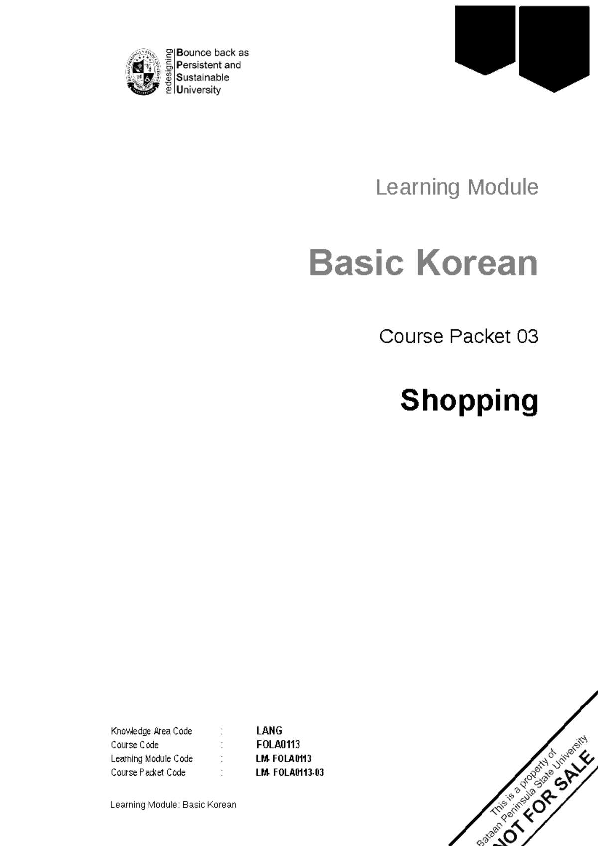 Course Packet 3- Shopping - Course Packet 03 LM-FOLA 0113 Learning Module: Basic Korean Learning ...