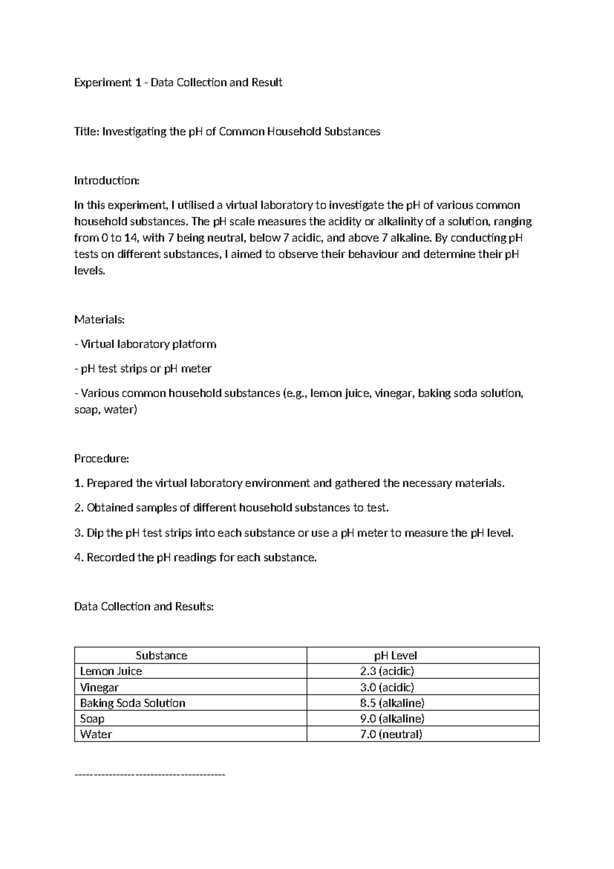 Bio virtual lab - Experiment 1 - Data Collection and Result Title ...