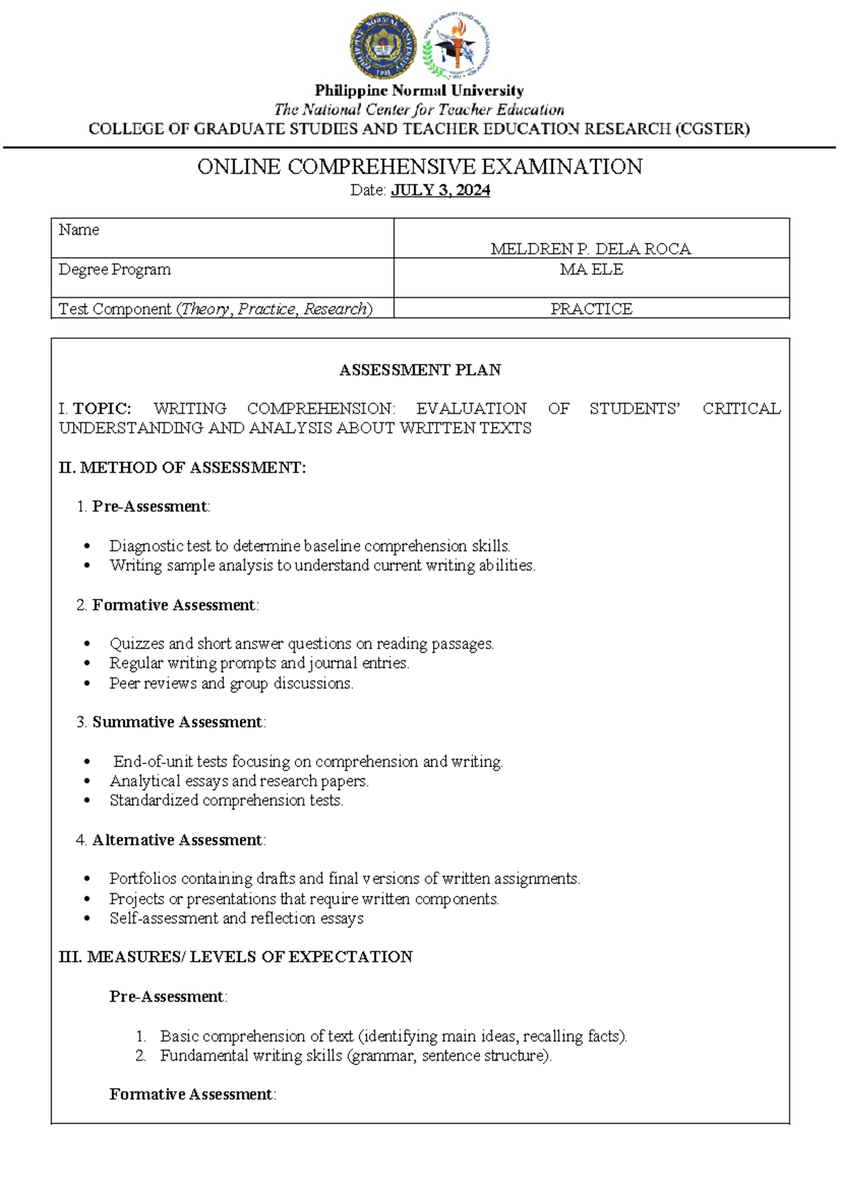 Assignment Practice 1 - ASSESSMENT PLAN - ONLINE COMPREHENSIVE ...