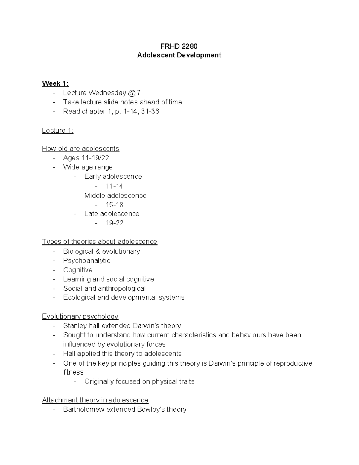 FRHD 2280 - Lecture and Textbook notes - FRHD 2280 Adolescent ...