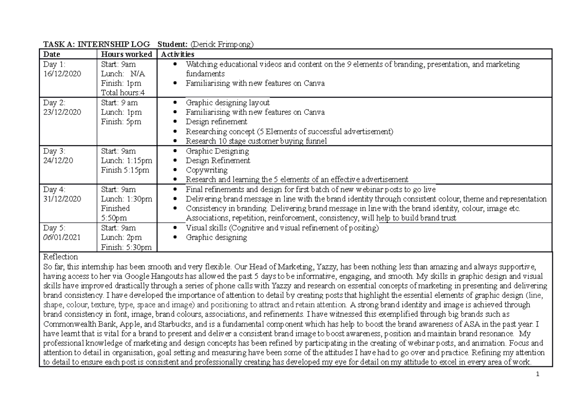 Internship Log Template - 021999 - Studocu