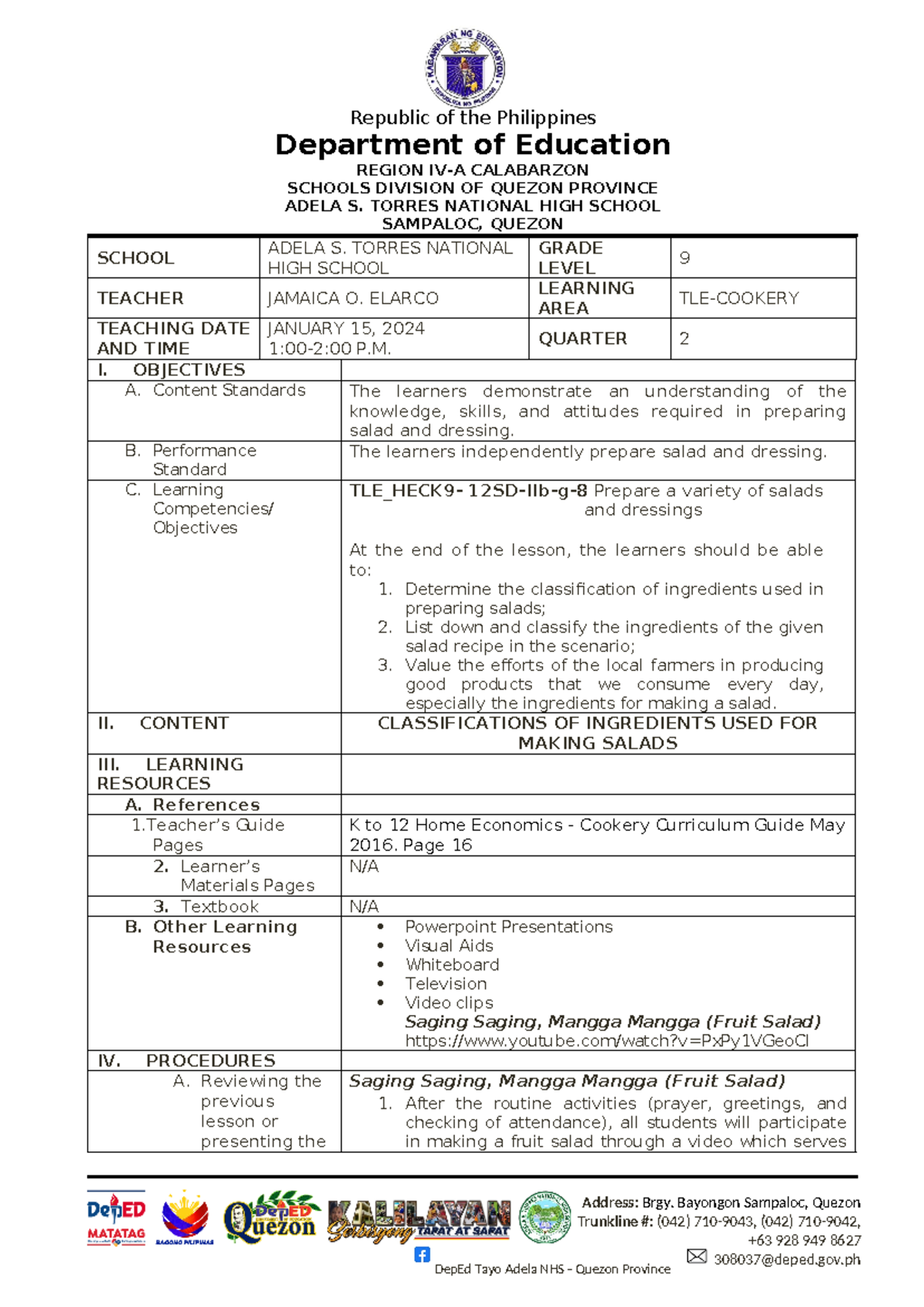 CO2-TLE 9 - Sample Lesson exemplar for Classroom observation - Address ...