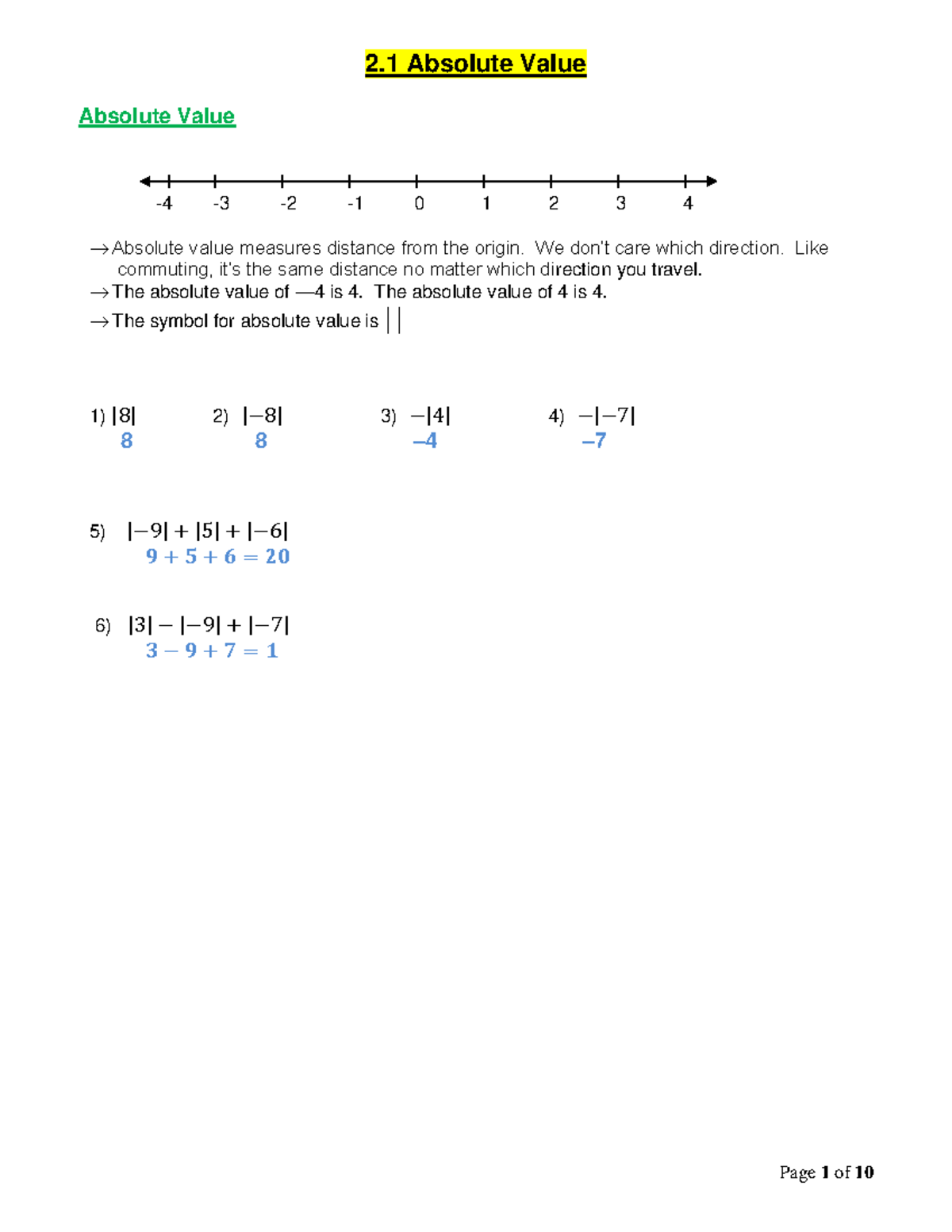 Math 0028 Linear Equations Notes - 2 Absolute Value Absolute Value ...
