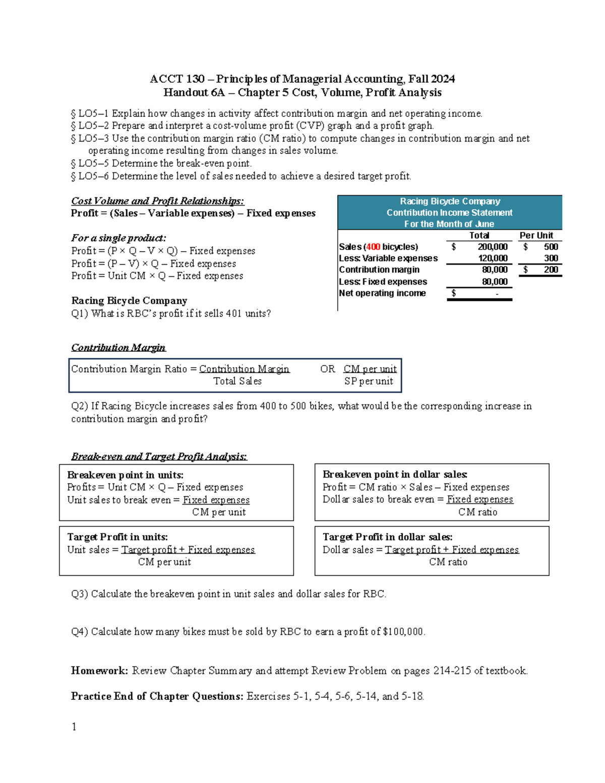 Handout 6A - CH5 Solution - ACCT 130 – Principles of Managerial Accounting, Fall 2024 Handout 6A ...