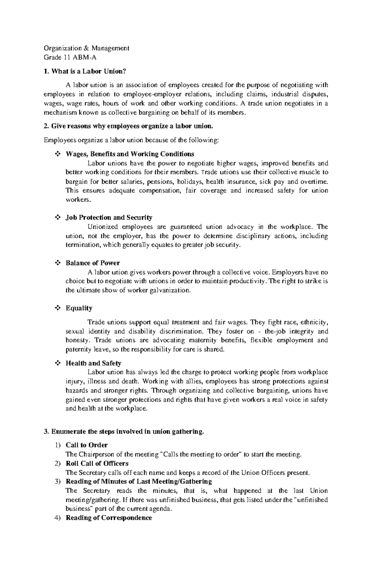 Activity NO. 2 Labor Union - Organization & Management Grade 11 ABM-A ...