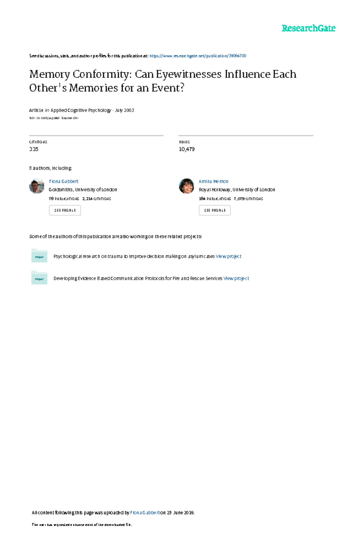 Memory Conformity Can Eyewitnesses Influence Each - See discussions ...