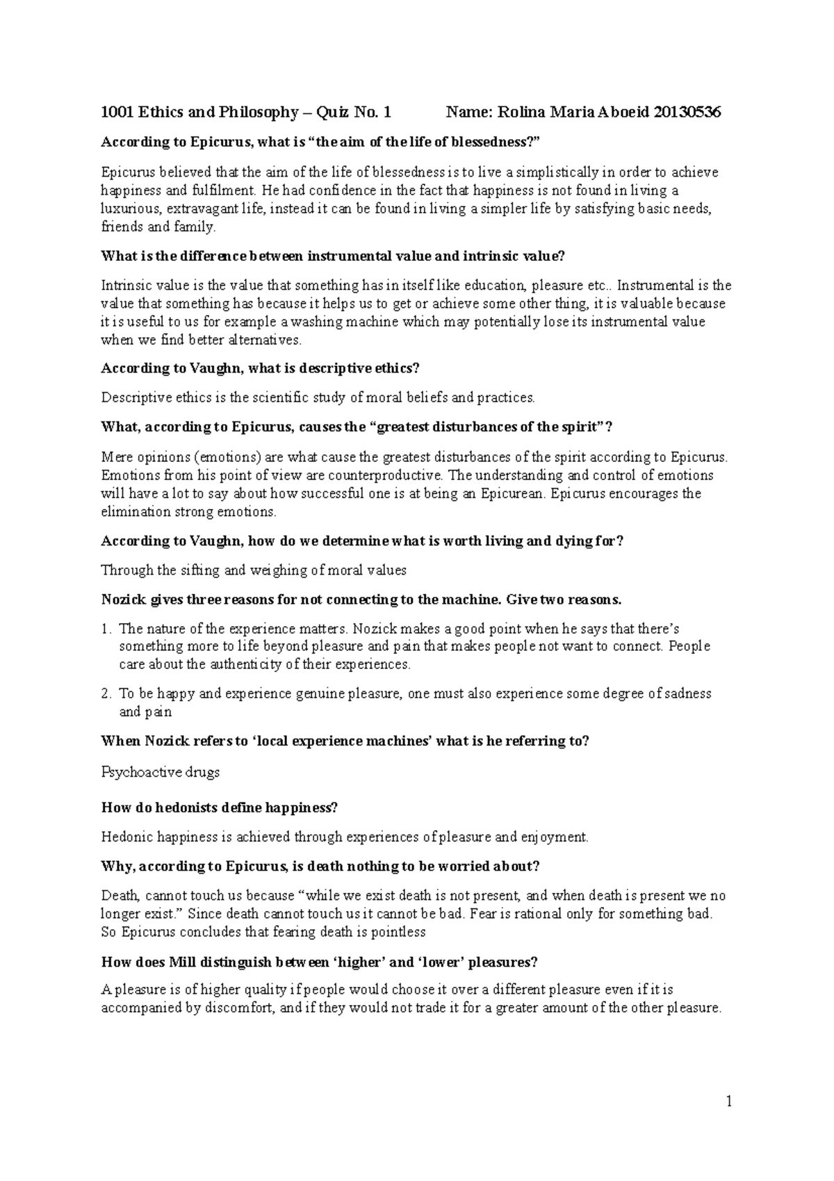 Quiz 1 22v2 - quiz - 1001 Ethics and Philosophy – Quiz No. 1 Name ...