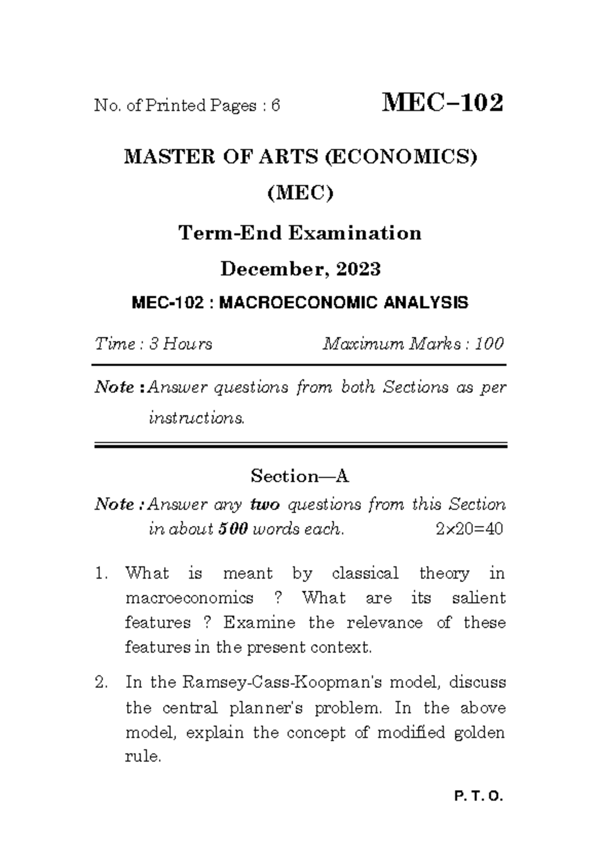 MEC-102 - MEC 102 December 2023 question paper - P. T. O. No. of ...