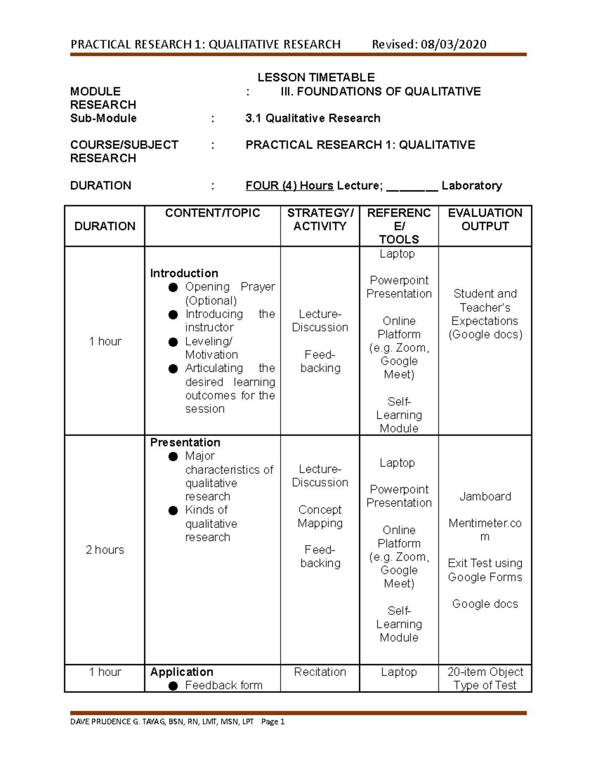 Module 3 Foundations of Qualitative Research - LESSON TIMETABLE MODULE ...
