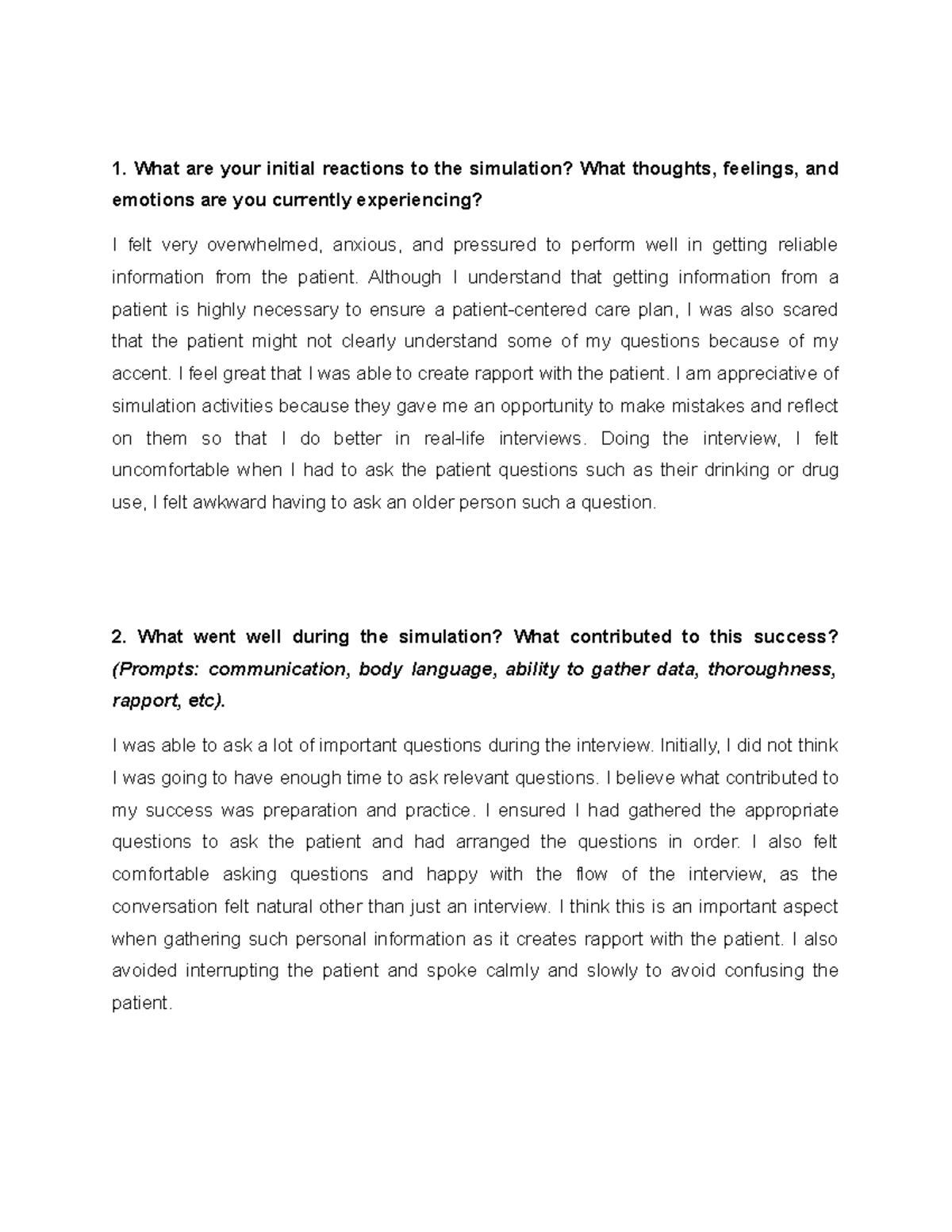 Simulation Reflection and Learning Needs - Studocu