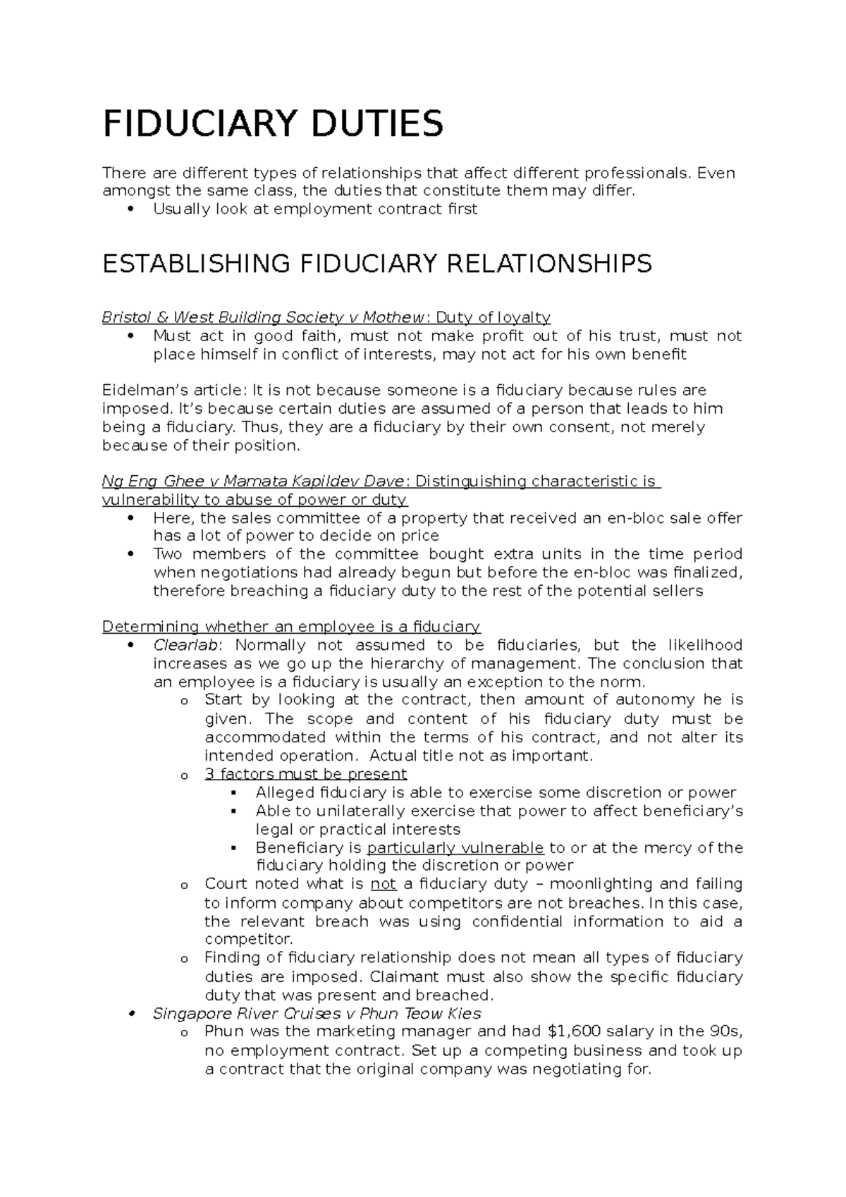 5 Fiduciary Duties - Summary of essential readings / class content on ...