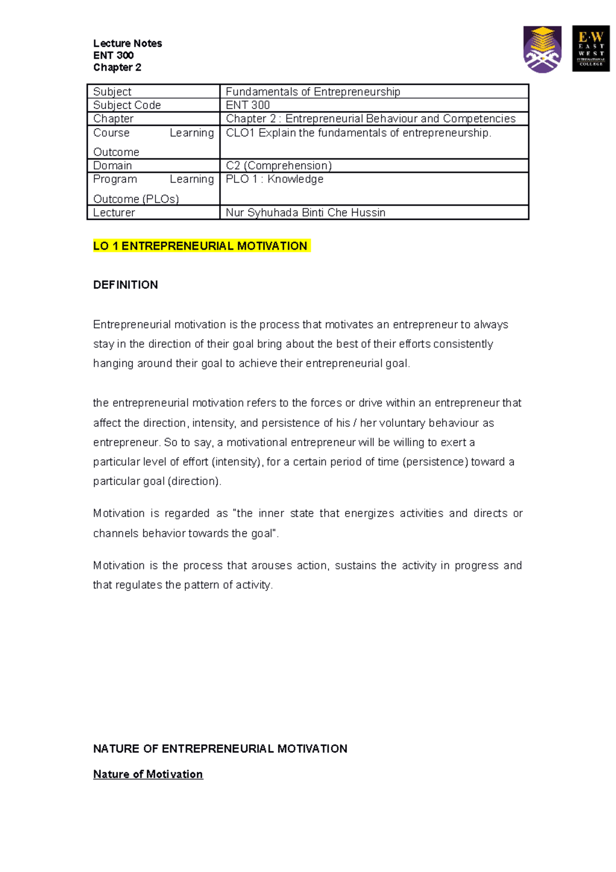 Lecture Notes Chapter 2 ENT 300 - ENT 300 Chapter 2 Subject ...